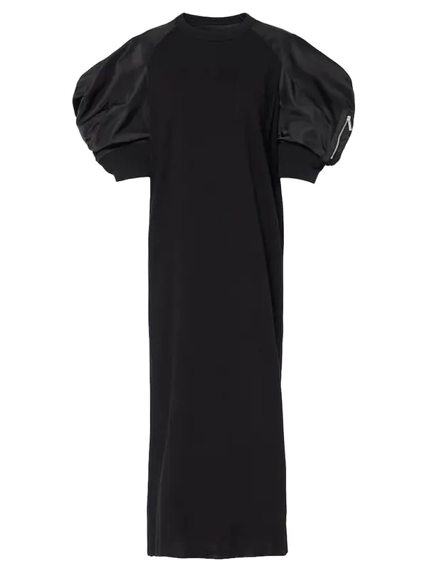 Sacai Puff-sleeve Cotton-blend Jersey Midi Dress - Black