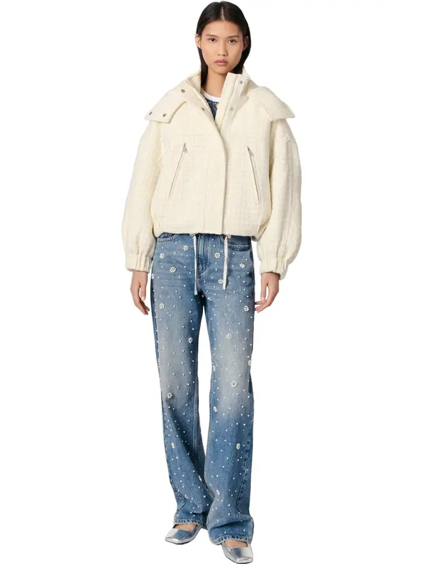 Maje Acrylic Tweed Down Jacket - Ecru