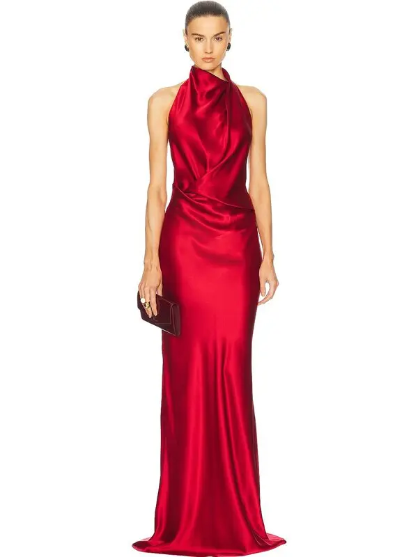 THE SEI Halter Drape Bias Gown - Cherry