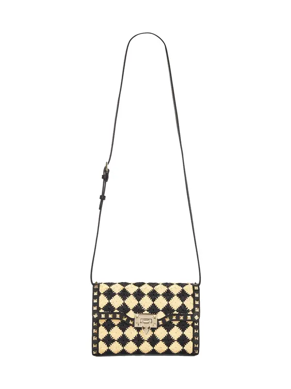 Valentino Garavani Raffia Small Rockstud Shoulder Bag - Naturale & Nero