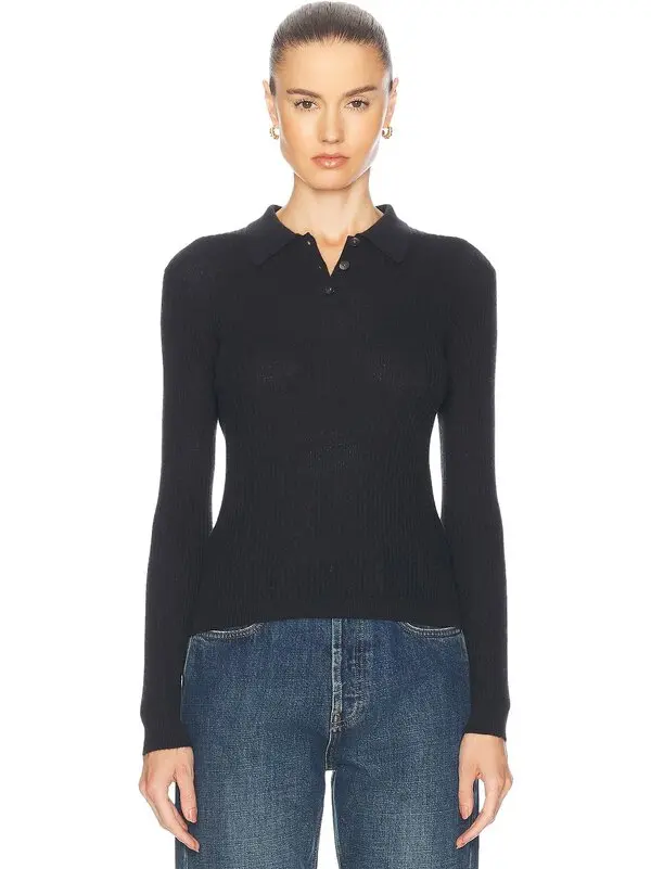 Guest In Residence Long Sleeve Cashmere Shrunken Polo Top - Black