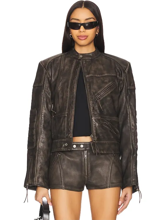 H:OURS Lavinia Leather Racer Jacket - Distressed Black