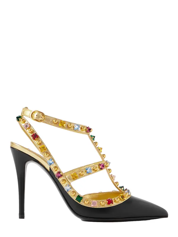 Valentino Garavani Rockstud 100 Embellished Metallic Leather Pumps - Black