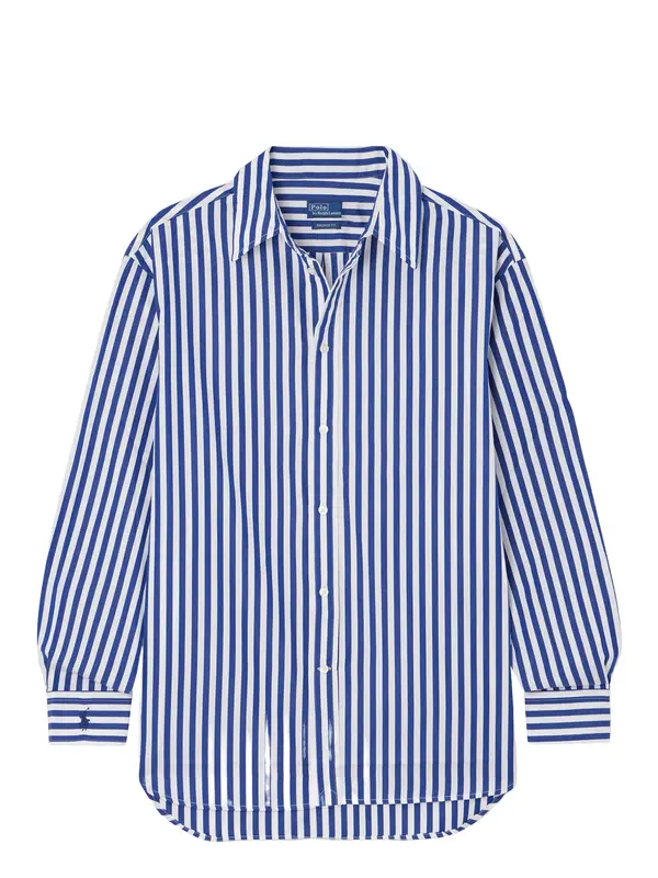 Polo Ralph Lauren Embroidered Striped Cotton-poplin Shirt - Blue