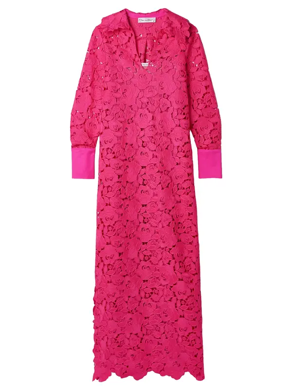 Oscar De La Renta Poplin-trimmed Guipure Lace Maxi Shirt Dress - Pink