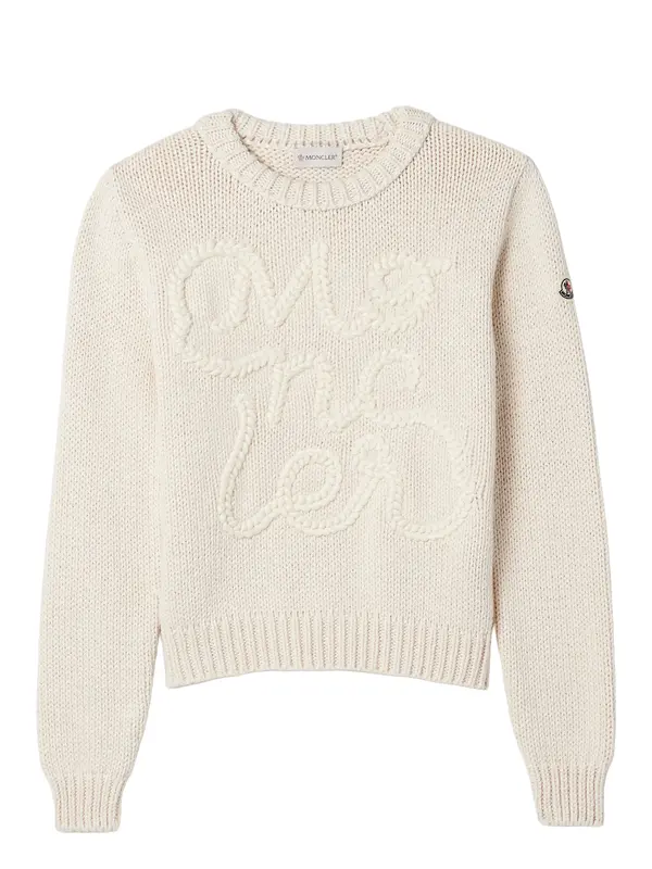 Moncler Embroidered Cotton Crewneck Sweater - Ivory