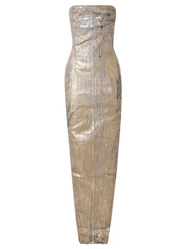 Rick Owens Abito Strapless Metallic Coated Denim Gown - Gold