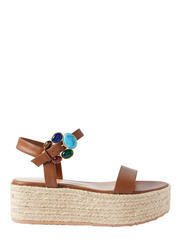 GIANVITO ROSSI 40 Embellished Leather Espadrille Sandals - Brown