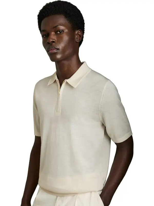 REISS Maxwell Merino Wool Half-zip Polo Shirt - Snow White
