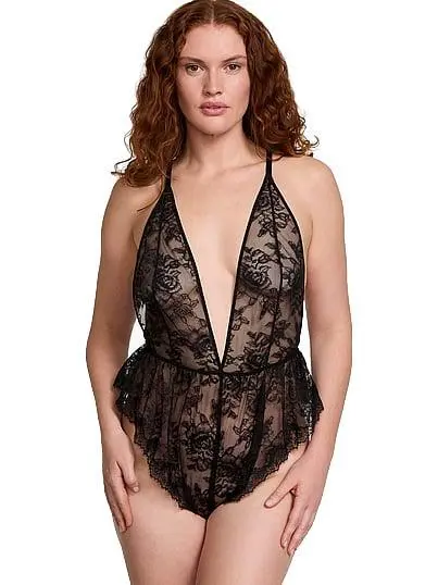 Victoria's Secret Very Sexy Rose Lace Plunge Flutter Romper - Black