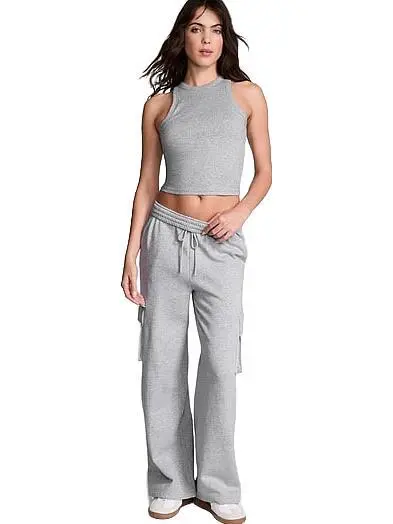 Pink Campus Fleece Wide-leg Cargo Sweatpants - Grey