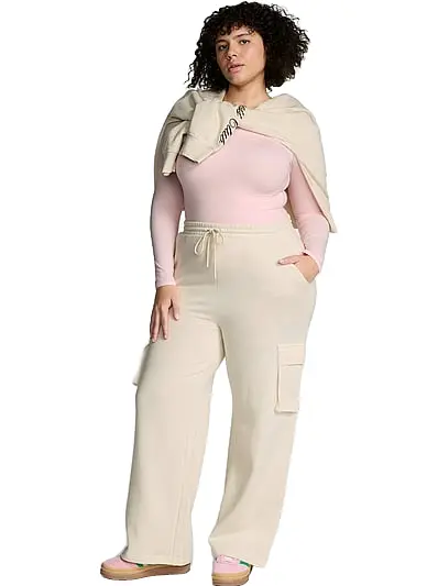 Pink Ivy Fleece Wide-leg Cargo Sweatpants - White,ivory