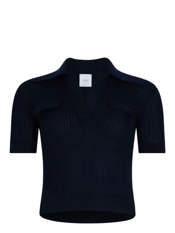 PATOU Ribbed Knit Polo Top - Blue