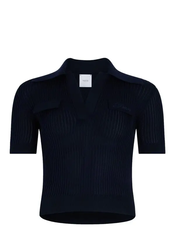 PATOU Ribbed Knit Polo Top - Blue