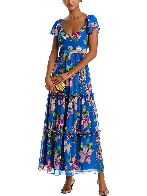 Aqua Floral Chiffon Flutter Sleeve Maxi Dress - Blue Floral
