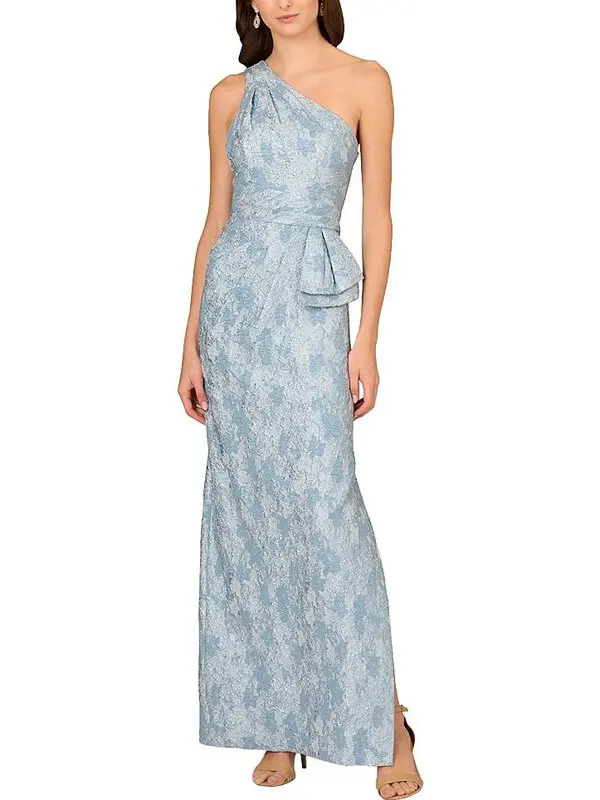 Aidan Mattox Stretch Jacquard One Shoulder Gown - Tropez Blue