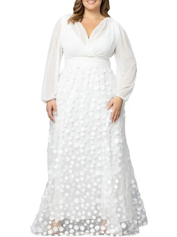 KIYONNA Enchanted Garden Long Sleeve Gown - Ivory Blossoms