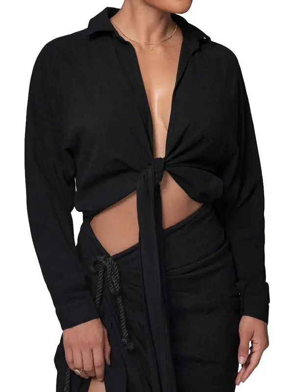 JLUXLABEL Soho Tie Front Crop Shirt - Black