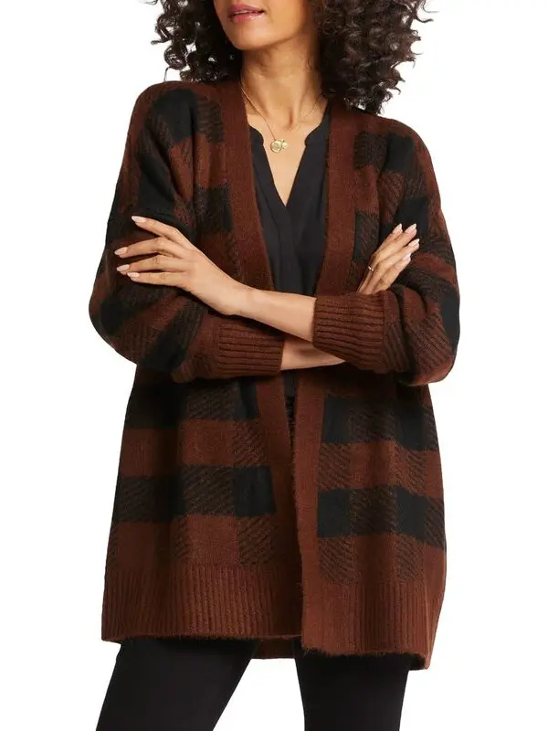NYDJ Check Open Front Cardigan - Black/ Chocolate