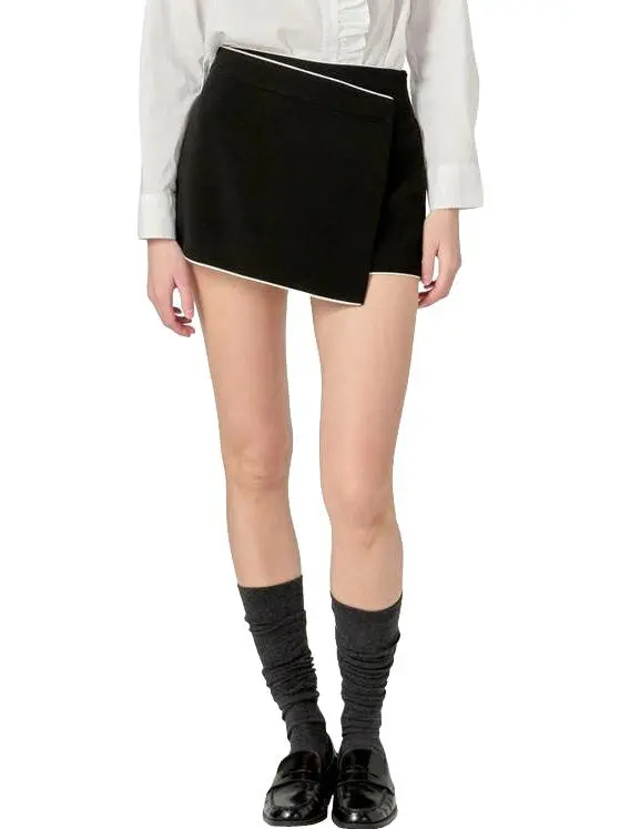 English Factory Contrast Faux Wrap Mini Skort - Black/ Off White