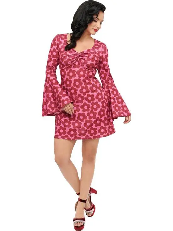 SMAK PARLOUR Printed Tunic Mini Dress With Trumpet Sleeves - Pink Burgundy