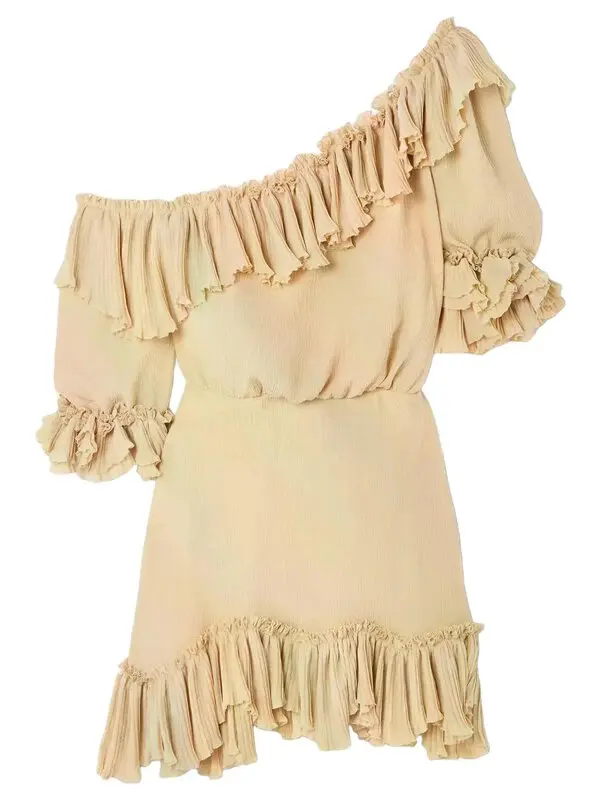 Saint Laurent Off-the-shoulder Ruffled Mini Dress - Neutrals