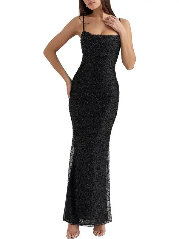 House Of Cb Calla Beaded Mesh Overlay Gown - Black