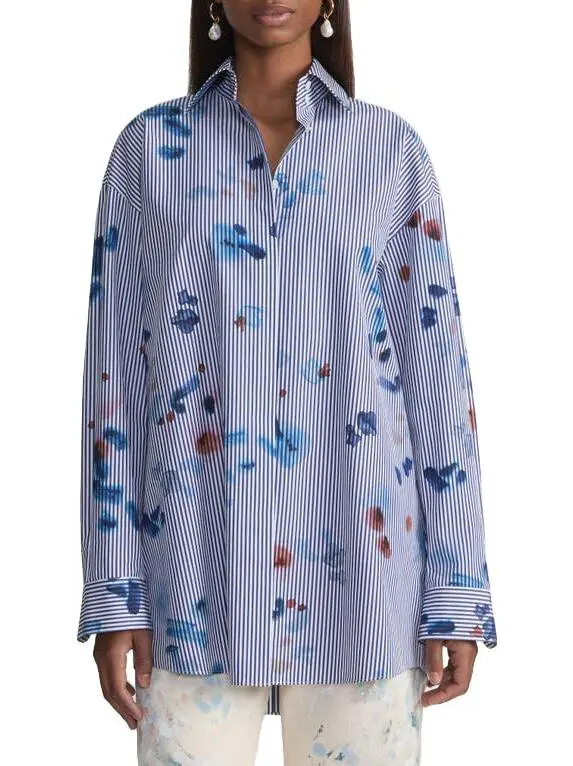 Lafayette 148 New York Paint Splatter Stripe Shirt - Sky Multi