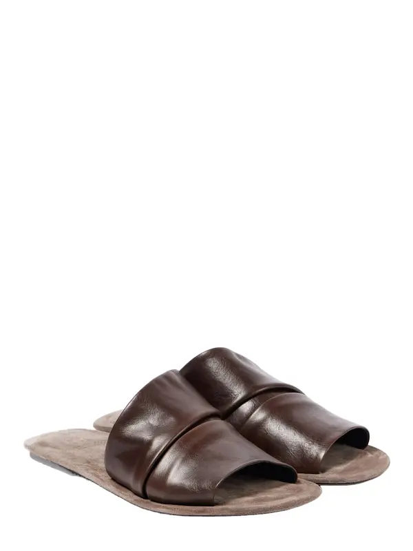 Brunello Cucinelli Ruched Leather Slides - Brown