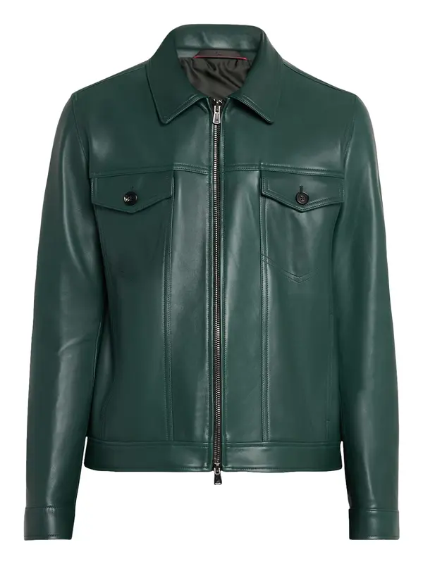 Isaia Full-zip Lambskin Trucker Jacket - Dark Green