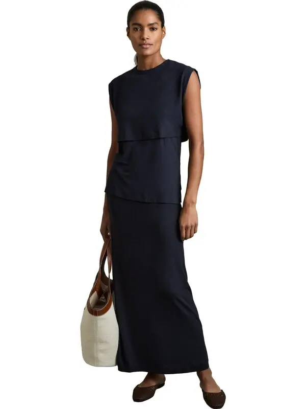REISS Camille Jersey Straight Maxi Skirt - Navy
