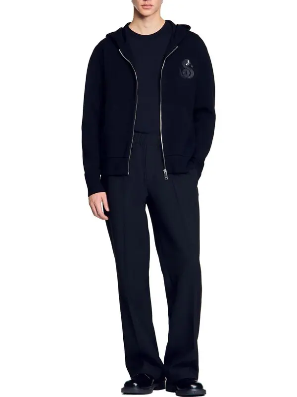 Sandro Zip-up Milano Knit Cardigan With Snake Patch - Black