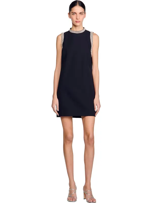 Sandro Mini Dress With Rhinestone Trim - Black