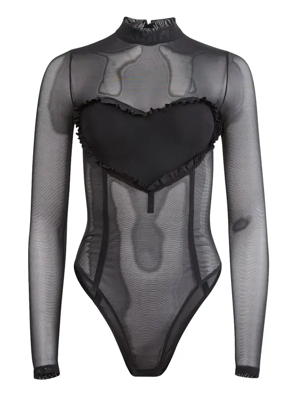Fleur Du Mal Mesh Ruffle Heart Bodysuit - Black