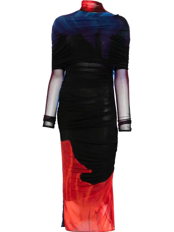 MUGLER Ruched Sheer Midi Dress - Blue