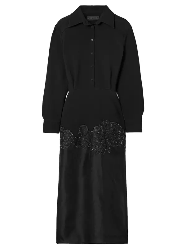Brandon Maxwell The Amelie Crystal-embellished Wool-blend Crepe And Silk-organza Midi Shirt Dress - Black