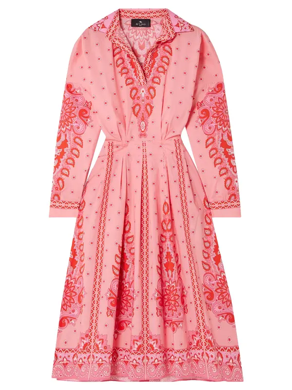 Etro Pleated Printed Cotton-blend Poplin Midi Shirt Dress - Pink