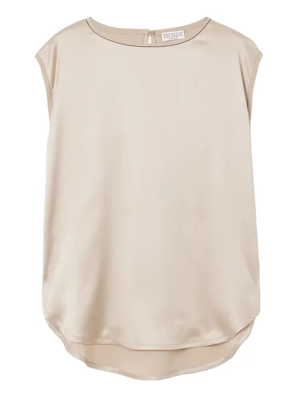 Brunello Cucinelli Bead-embellished Silk-blend Satin Top - Neutrals