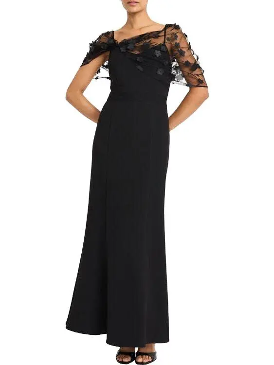 Maggy London Floral Appliqué Convertible Sleeve Gown - Black