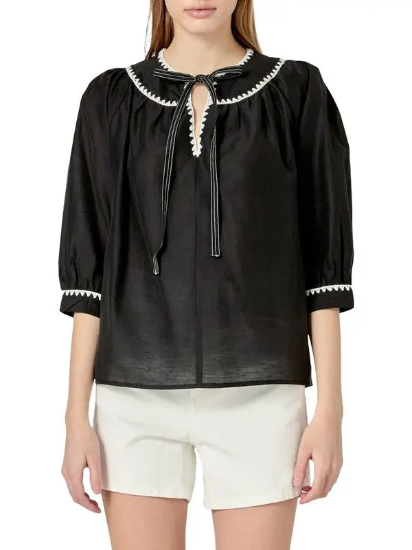 English Factory Embroidered Tie Neck Top - Black/ White