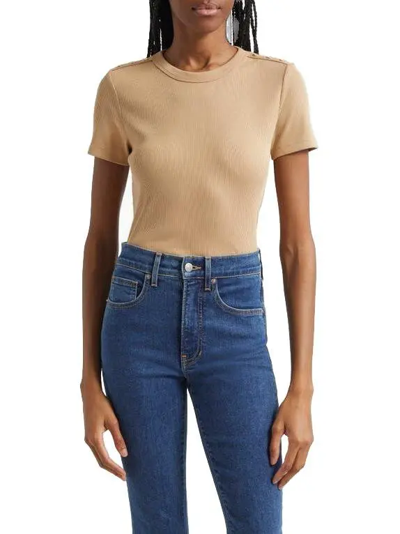 Veronica Beard Draya Button Detail Rib Top - Khaki