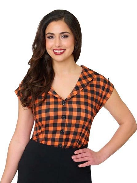 Unique Vintage 1960s Floral Twill Blouse - Orange Gingham