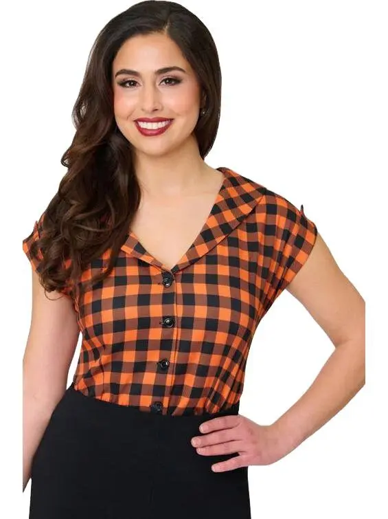 Unique Vintage 1960s Floral Twill Blouse - Orange Gingham