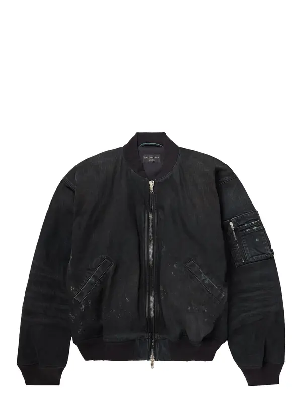 Balenciaga Distressed Padded Denim Bomber Jacket - Black