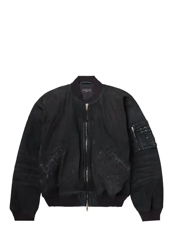 Balenciaga Distressed Padded Denim Bomber Jacket - Black