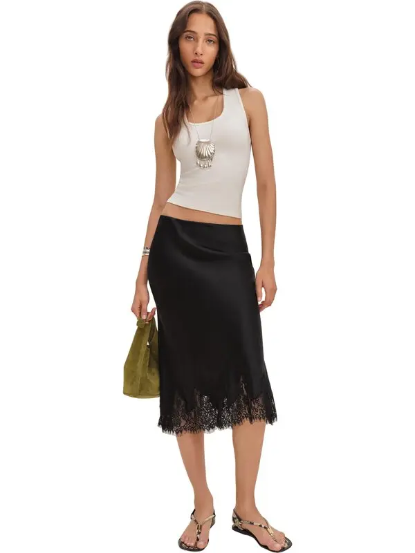 REFORMATION Carolina Silk Midi Skirt - Black