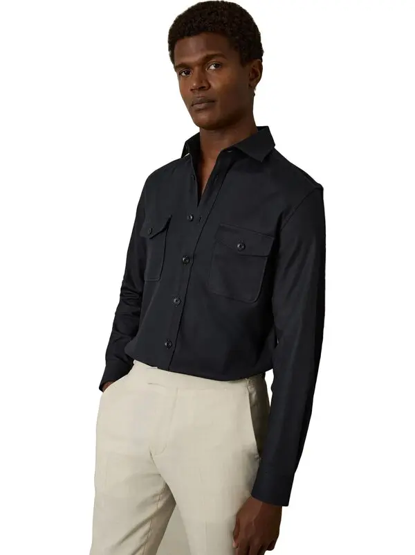 REISS Whisper Stretch-cotton Twill Twin-pocket Overshirt - Navy