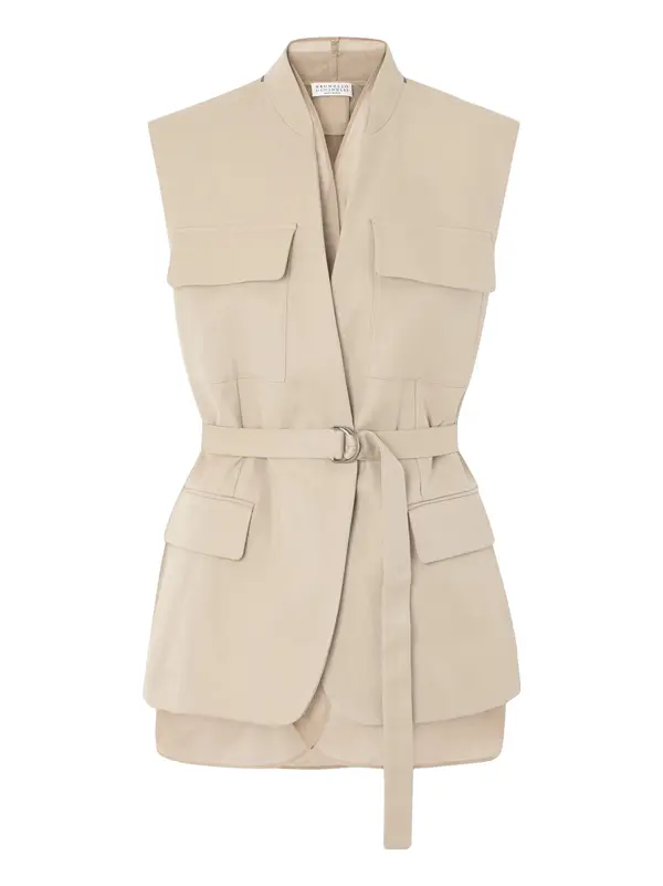 Brunello Cucinelli Belted Cotton And Linen-blend Twill Vest - Neutrals