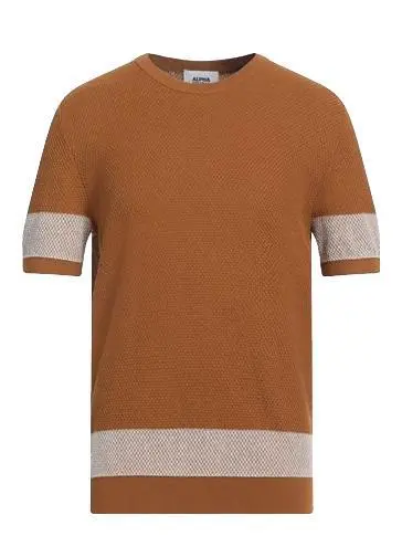 Alpha Studio Two-tone Crewneck Short Sleeve Sweater - Camel
