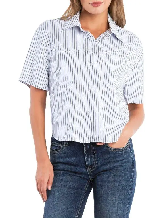 BILLY T Spot On Stripe Linen Blend Crop Button-up Shirt - Navy Blue Stripes